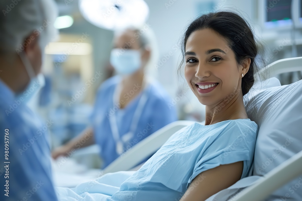 Patient recovering in a hospital after surgery while receiving care ...