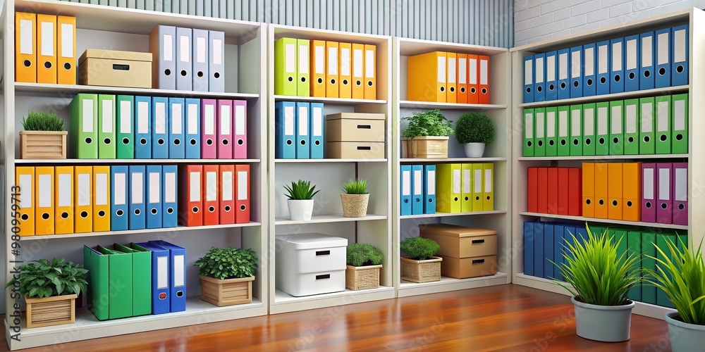 Organized workspace with color-coded folders, stacked containers, and ...