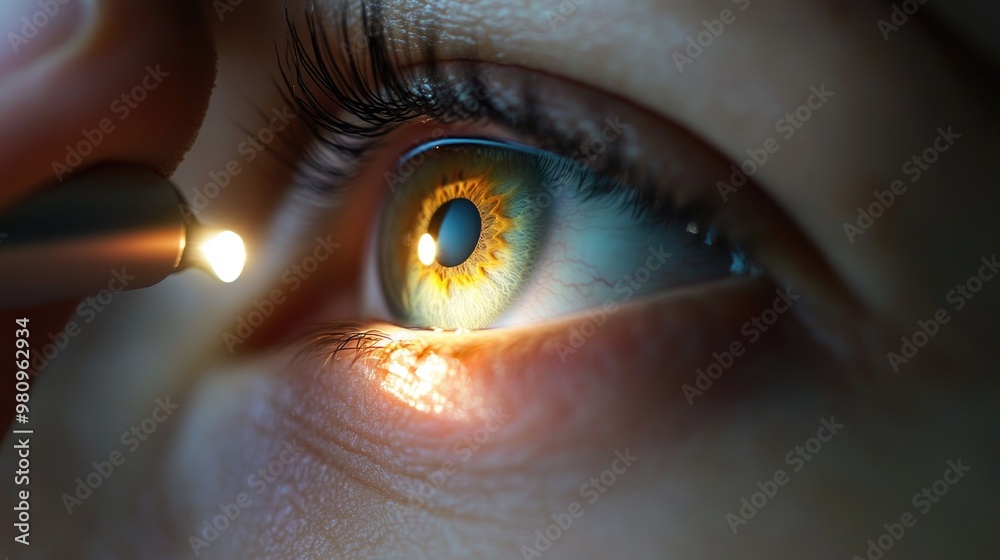 Doctorâ€™s hand holding a small flashlight to check a patientâ€™s eyes ...