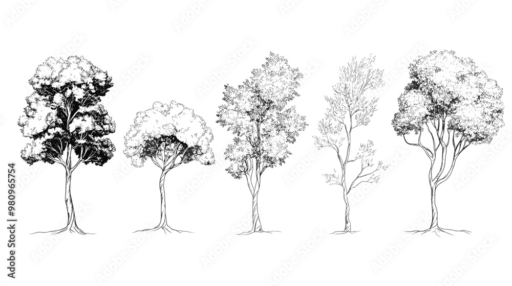 Architectural Drawings, Minimal style cad tree line drawing, Side view, set of graphics trees ...