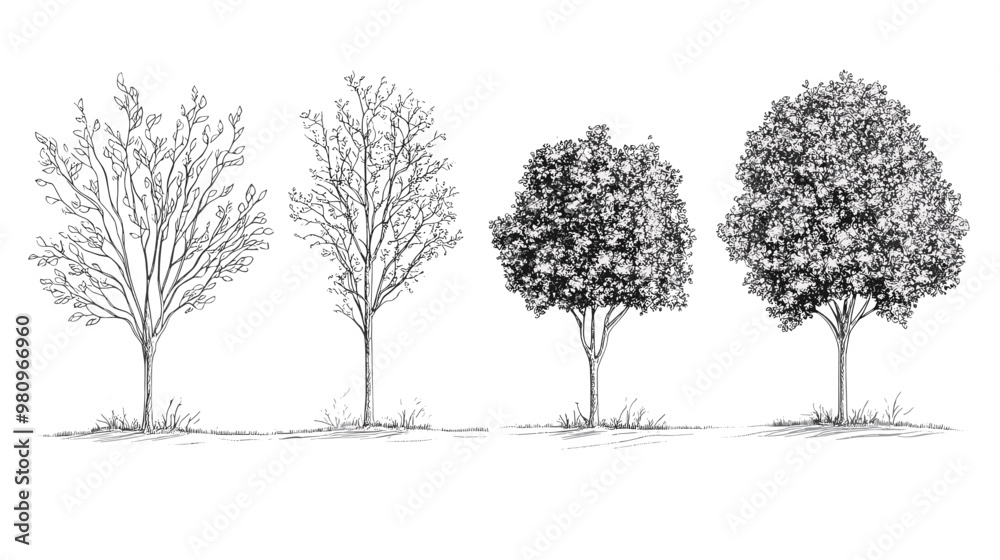 Architectural Drawings, Minimal style cad tree line drawing, Side view, set of graphics trees ...