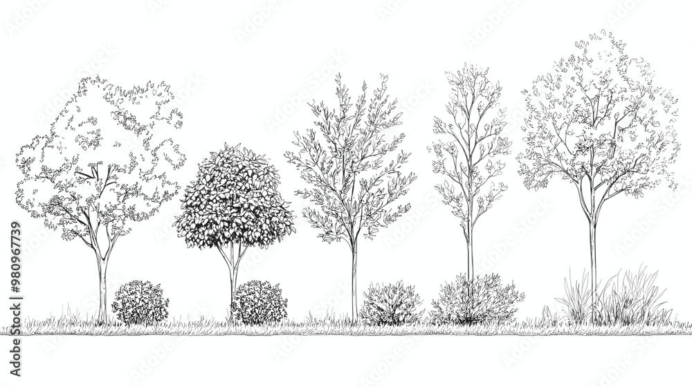 Architectural Drawings, Minimal style cad tree line drawing, Side view, set of graphics trees ...