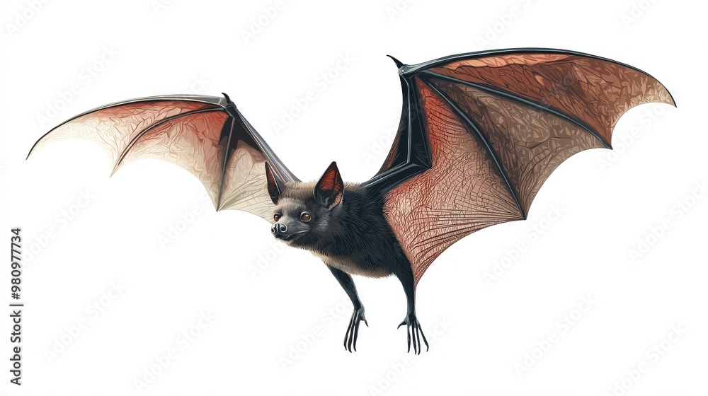High-resolution image of a bat in flight with wings outstretched ...