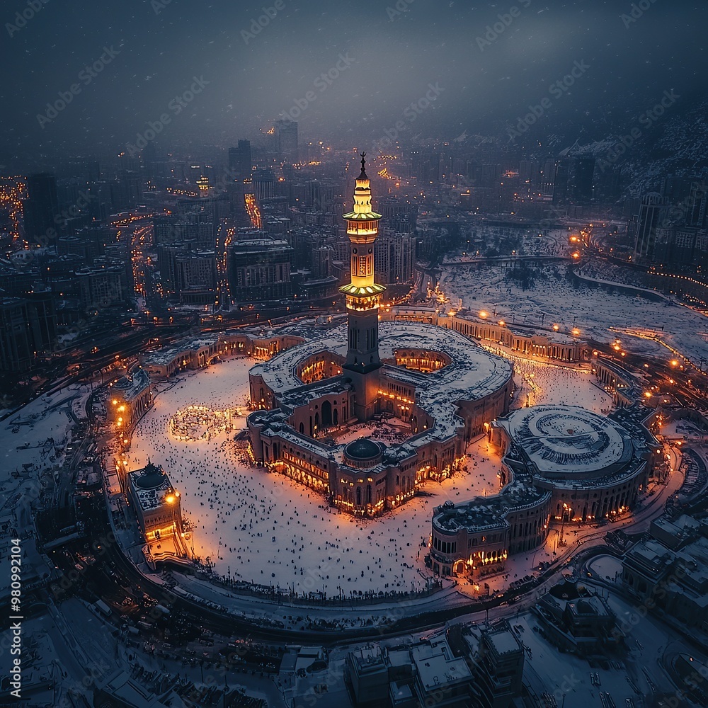 Night view of the grand mosque in Mecca, Saudi Arabia. Aerial photo ...