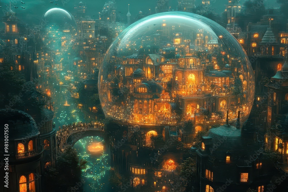 underwater city protected by a giant bubble dome with bioluminescent ...