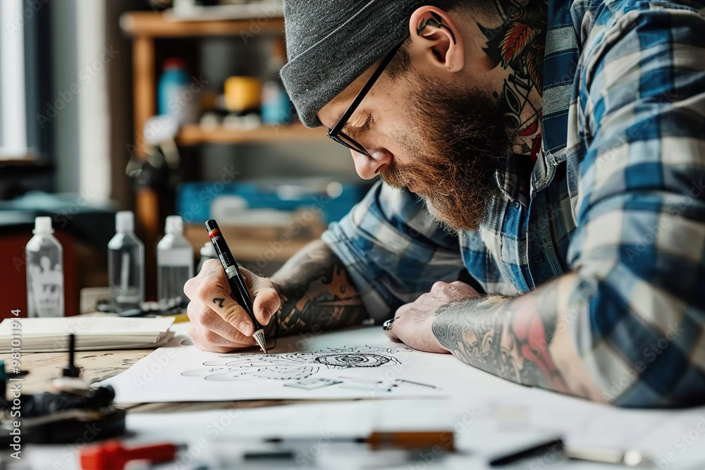 Tattoo artist inking detailed design, client seated, studio with ink ...
