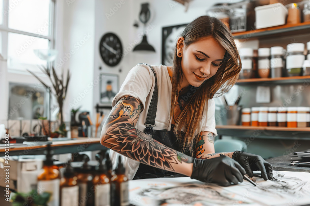 Tattoo artist inking detailed design, client seated, studio with ink ...