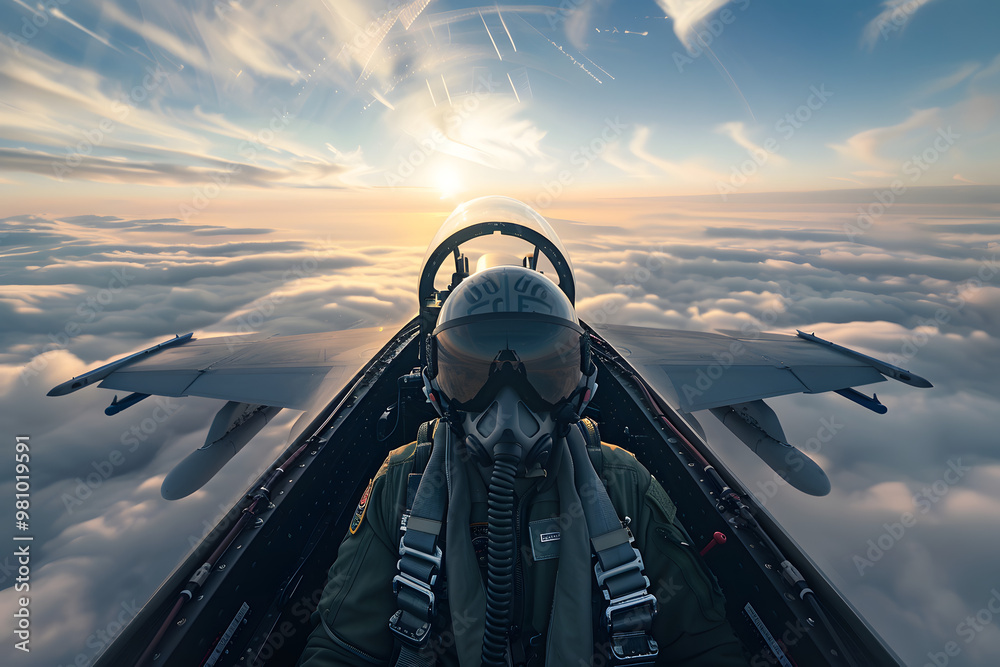 A fighter jet pilot is seen in the cockpit, flying high above the ...
