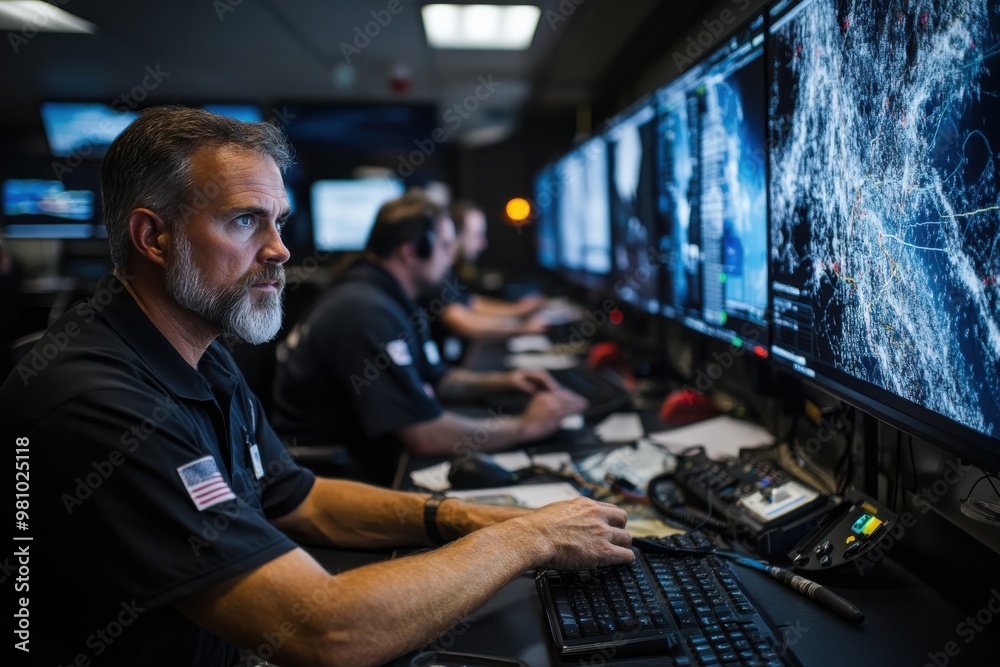 Technicians in a control room analyze multiple screens displaying storm ...