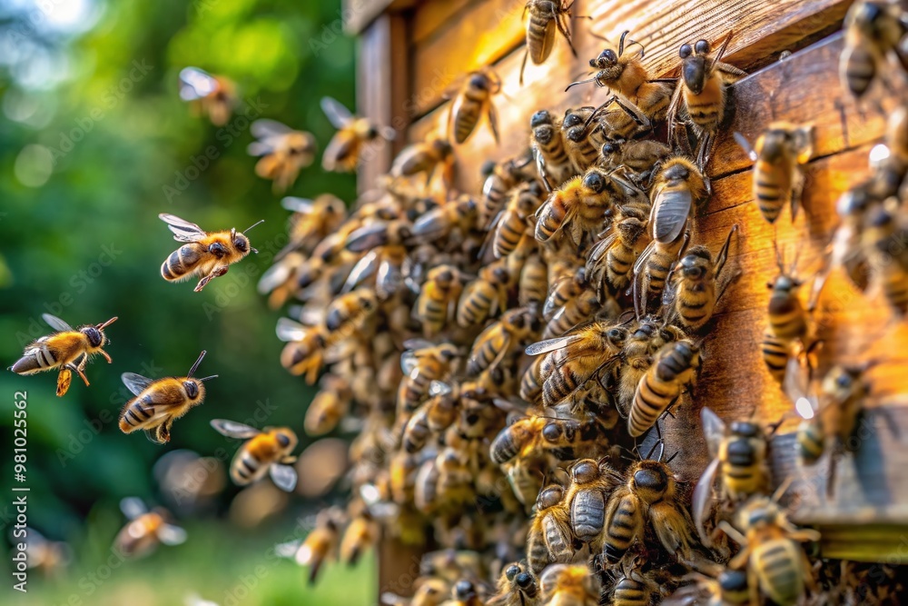 Swarm of busy drone bees densely packed around the hive entrance, their ...