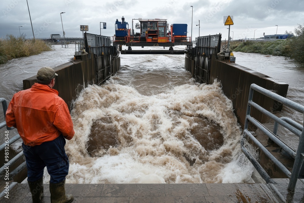 Flood control gates allowed water to gush forcefully, monitored by a ...