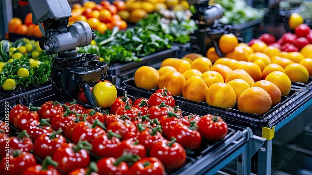 Robots sorting fruits and vegetables based on size, color, and ripeness in a high-tech food ...