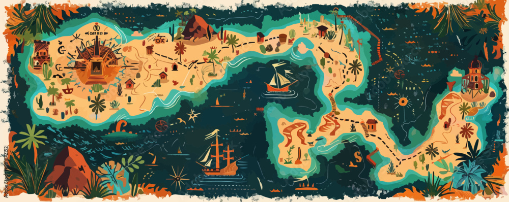 Detailed map of an old pirate treasure island, complete with marked ...