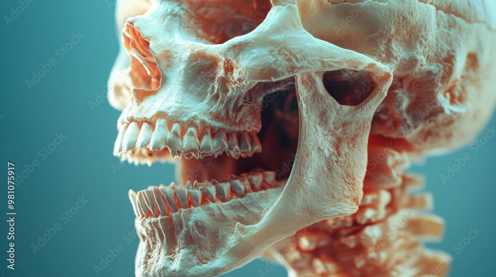 Widescreen 3D model of a jaw clenched in agony depicting the ...