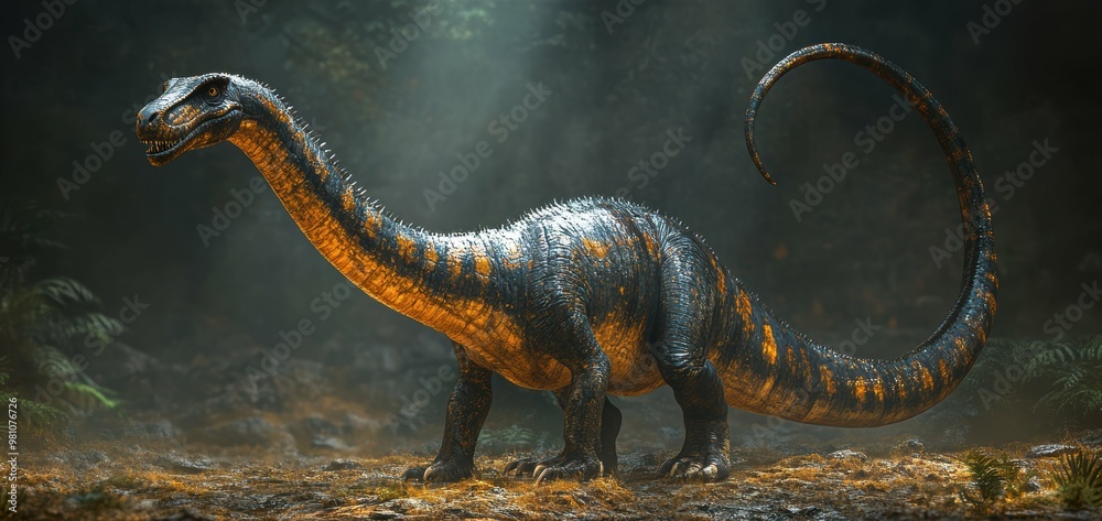 Horizontal 3D render of a Diplodocus its long neck and whip-like tail ...