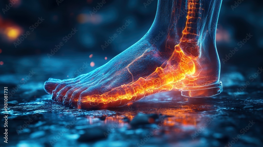Widescreen 3D depiction of a foot plagued by the intense throbbing pain ...