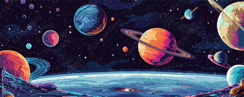 Illustrate a pixelated outer space scene with planets, pixel art on ...