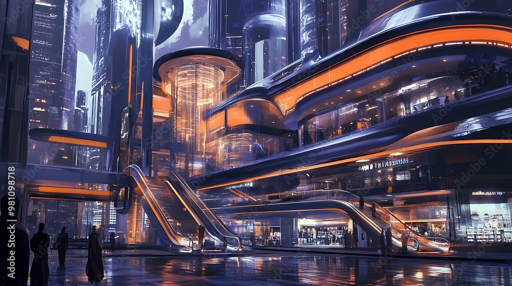 A futuristic urban scene featuring sleek architecture, illuminated ...