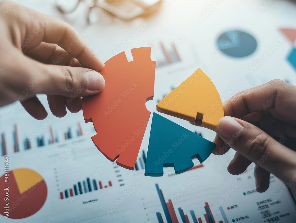 Hands assembling colorful pie chart pieces above market analysis data ...