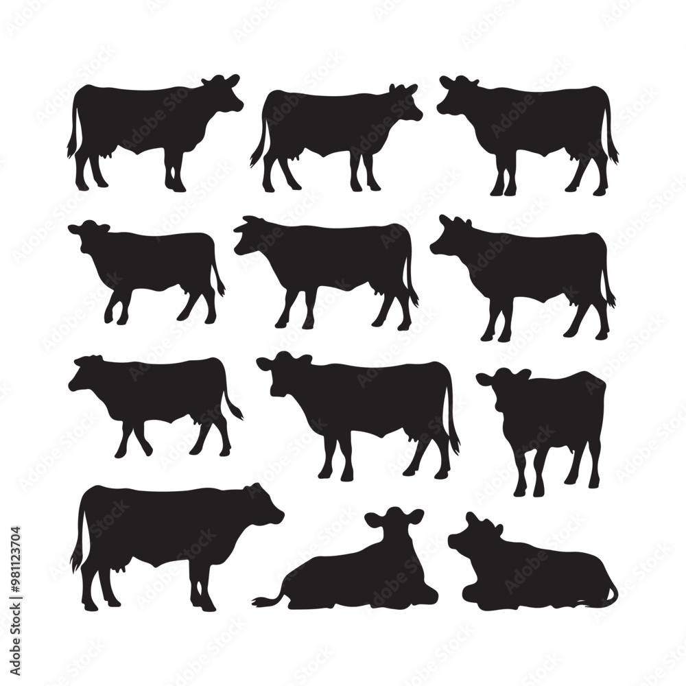 set of cow vector silhouettes Stock Vector | Adobe Stock