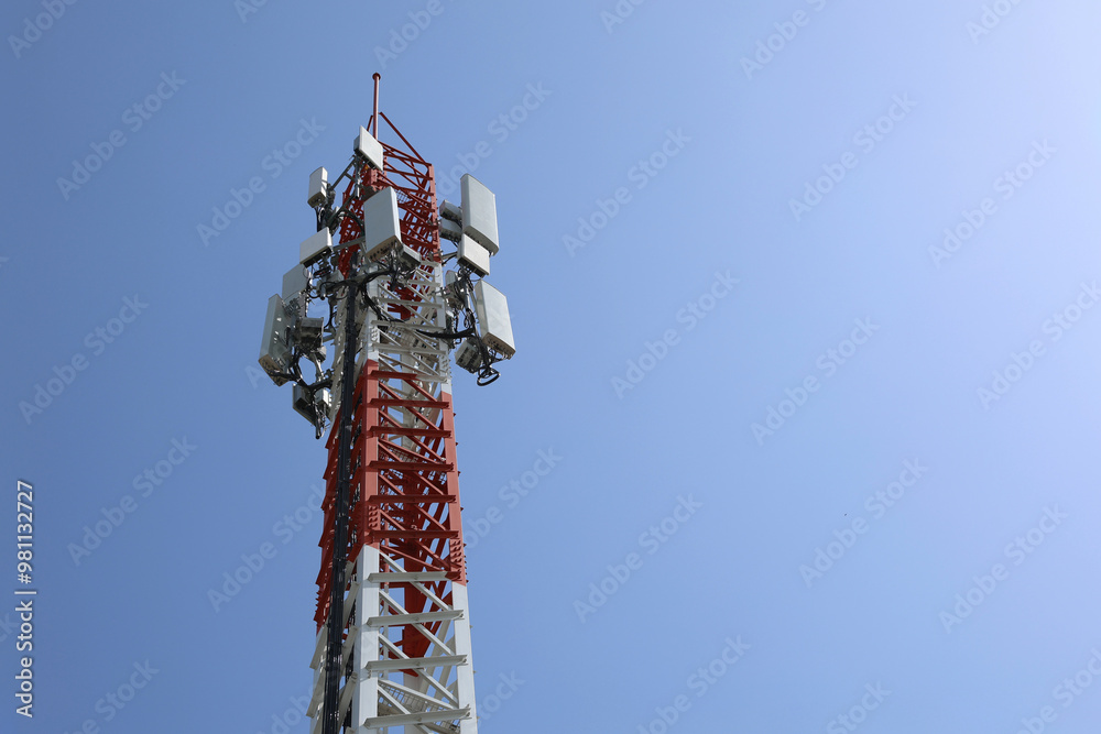 Communication tower top. Radio antenna Tower , microwave antenna tower on light sky background ...
