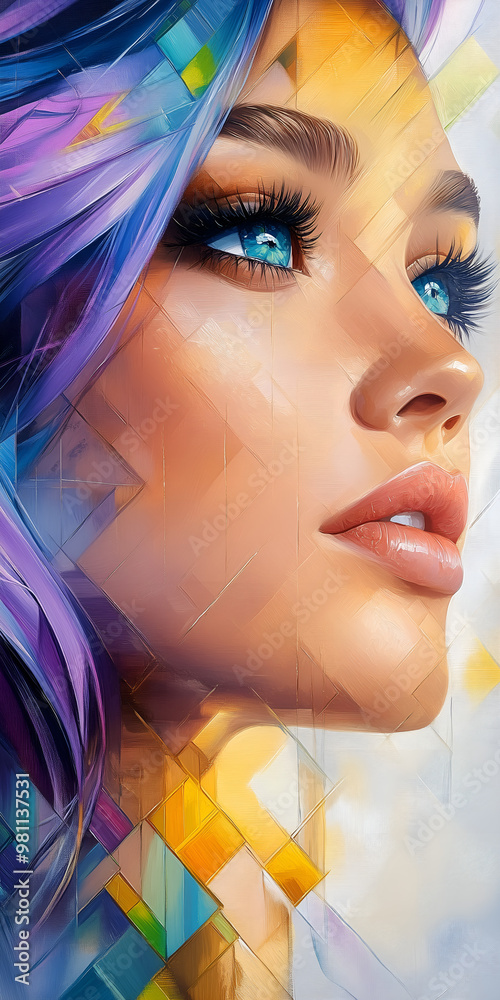 blue-eyes woman painting; concept of digital transformation ...