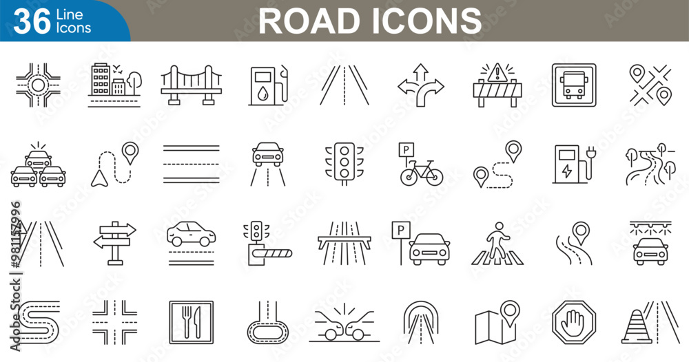 Road outline icons set. Traffic, highway, direction, arrows, GPS, stop ...