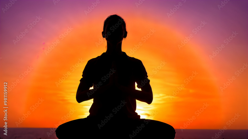 Silhouette of a meditative man with buddhism elements, chakras and aura ...