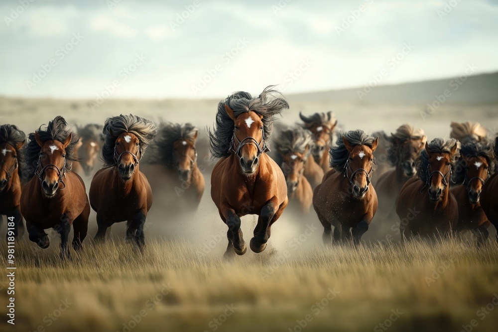 A dynamic image of a herd of wild horses galloping through an open ...