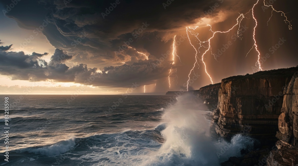 Massive lightning storm over a coastal cliffside, with waves crashing ...