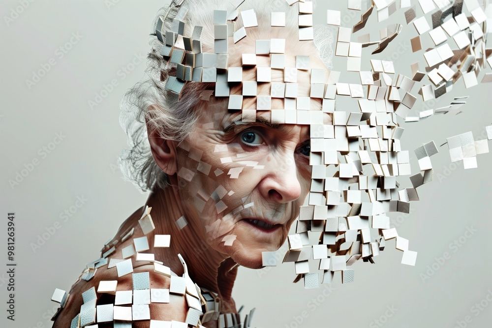 Abstract digital art depicting an elderly person with a fragmented face ...