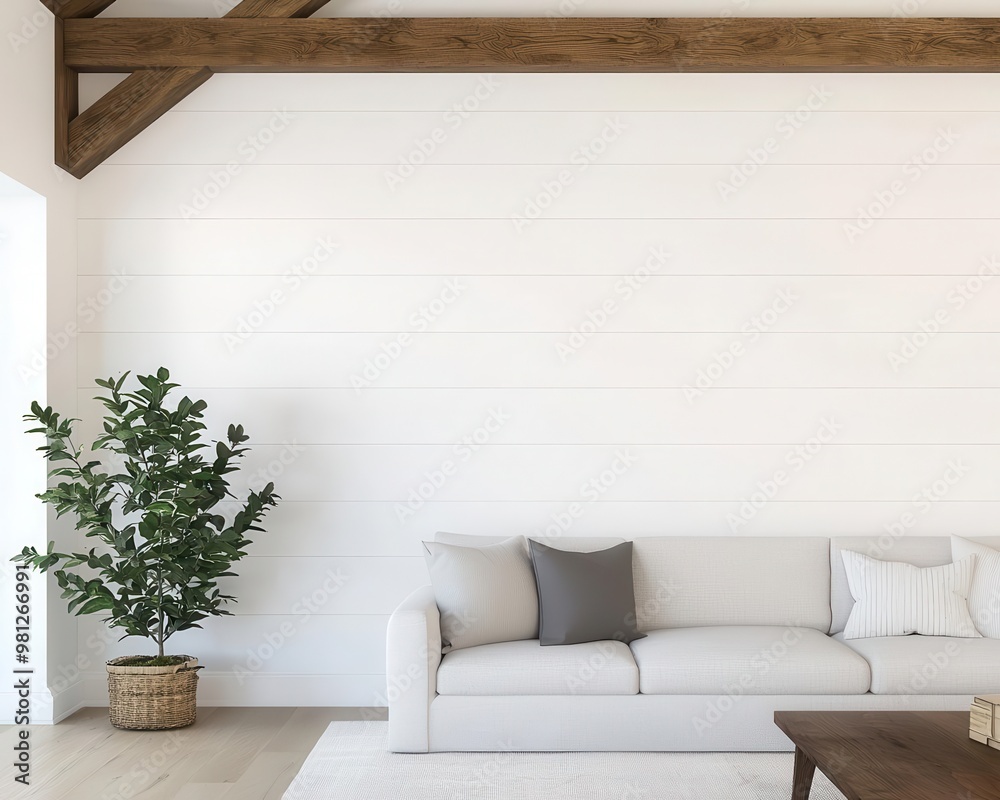 Cozy modern farmhouse living room with shiplap accent wall and rustic ...