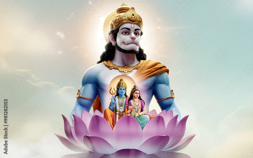 Hanuman, the Hindu monkey god, is shown in a powerful pose, with Rama ...