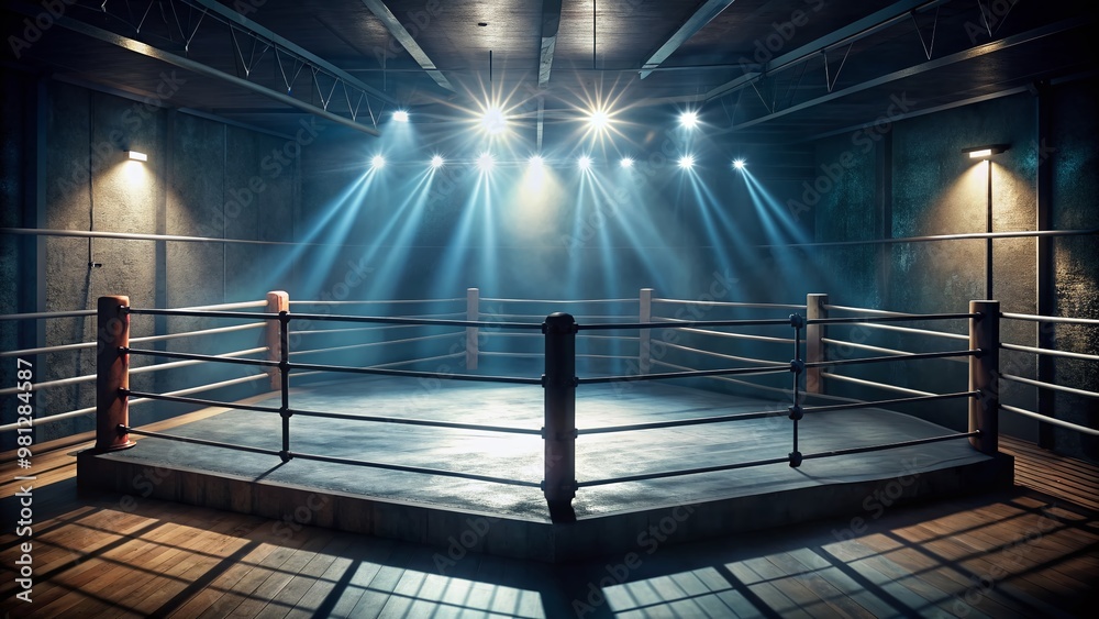 Dramatic spotlight shines down on a vacant boxing ring, highlighting ...
