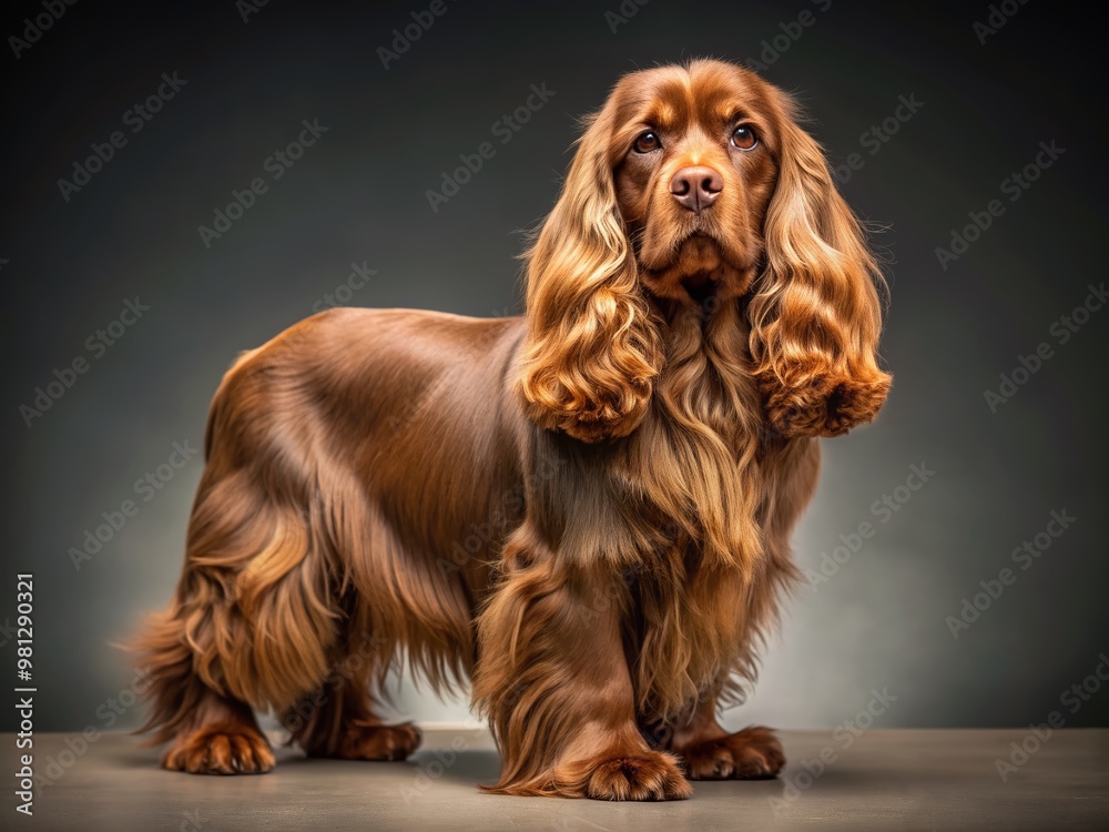 Fluffy Sussex Spaniel stands proudly on a clean studio background ...
