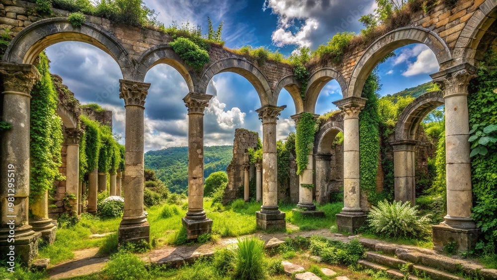 Ancient Roman ruins with crumbling stone columns and arches surrounded ...