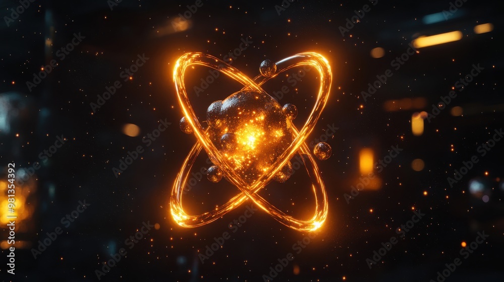 A glowing atom model with radiant, luminous paths encircles its nucleus ...