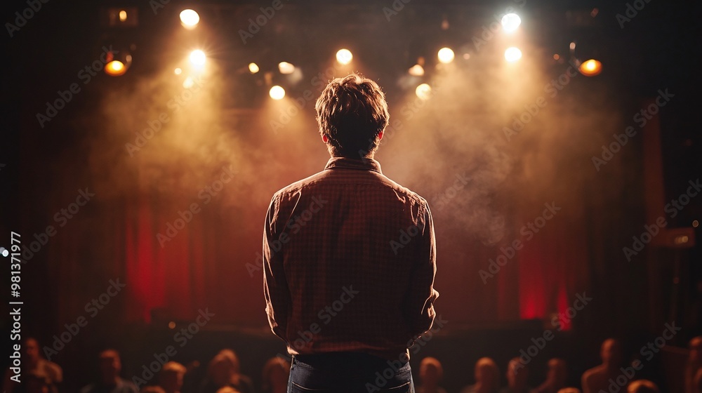 young caucasian male stand-up performer on stage at a small comedy ...