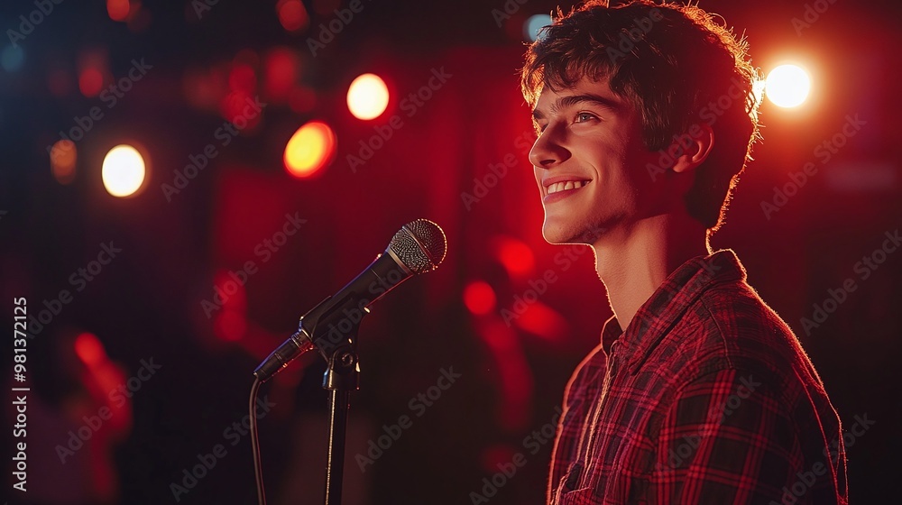 young caucasian male stand-up performer on stage at a small comedy ...