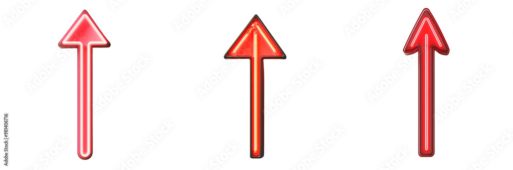 Set of a dynamic neon red arrow pointing upwards, casting a faint ...