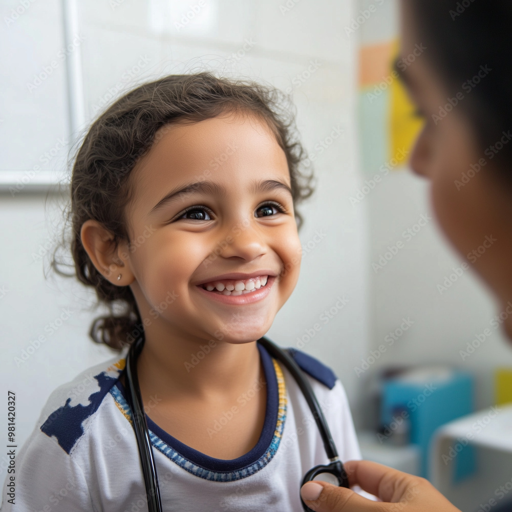 friendly, smiling little latino child being seen by the pediatrician at ...