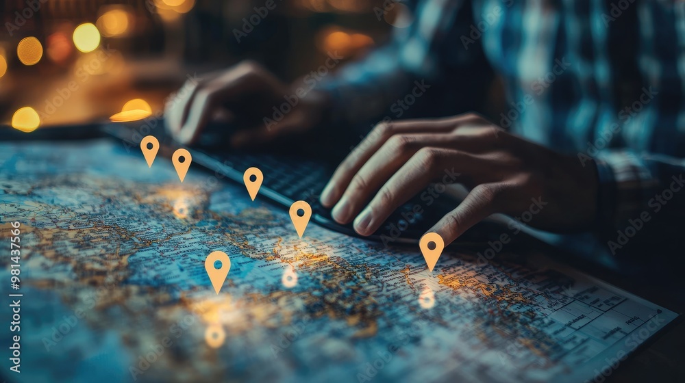 Businessman use computer keyboard to search for address on world map ...