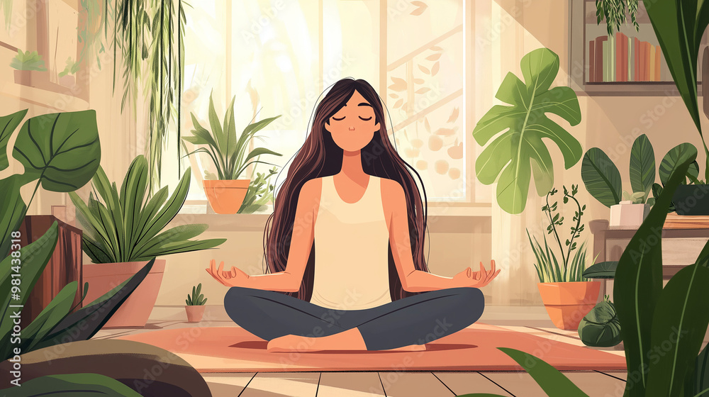 Meditating: A calm character with long hair is meditating in a quiet ...
