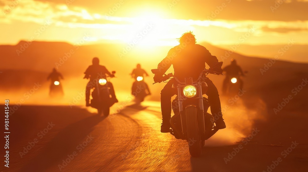 cinematic scene of a motorcycle gang riding into a golden sunset dust ...