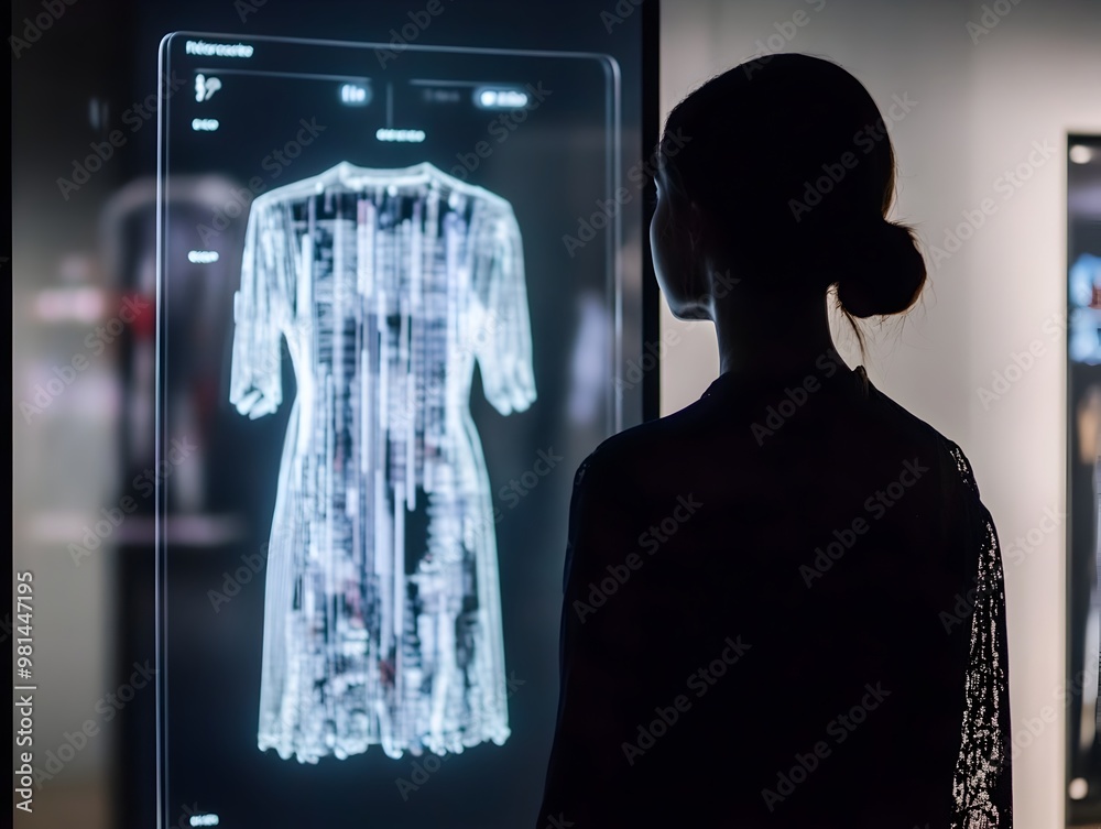 Silhouetted Woman Trying On Virtual Clothes in Smart Mirror Display ...