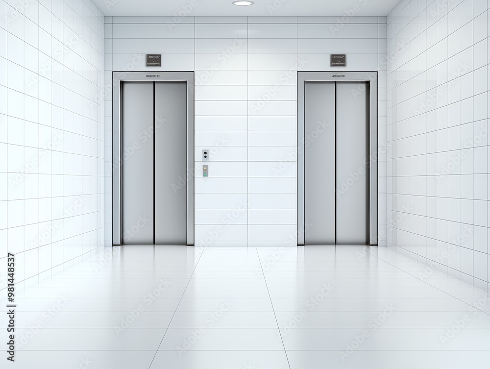 Symmetrical Elevator Doors in Minimalist White Hallway - Modern ...