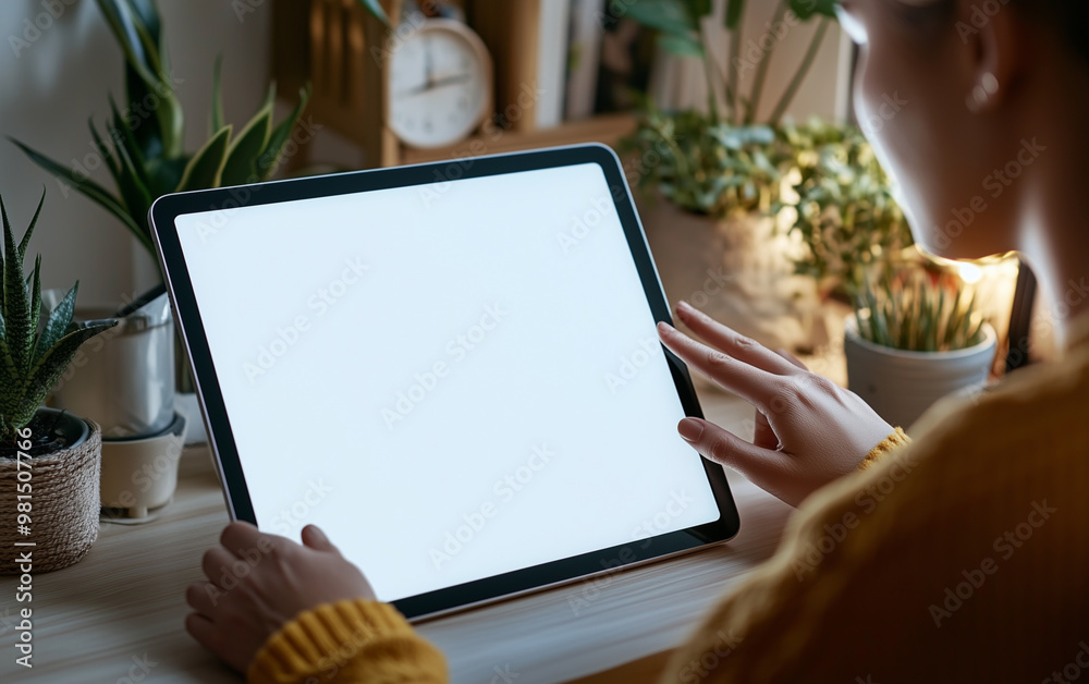 person using blank white screen digital tablet, mock up template design ...