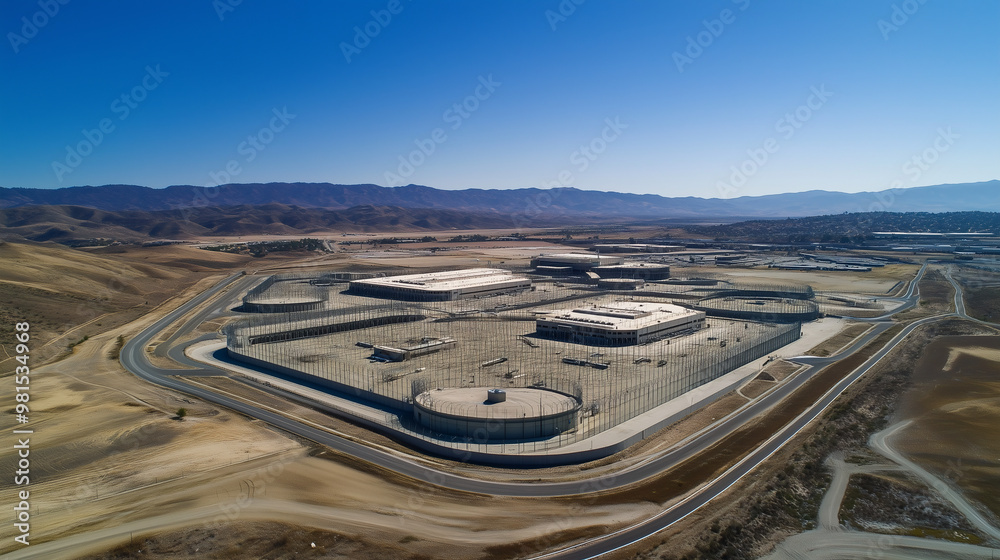 Aerial view of a large maximum-security prison, surrounded by high ...