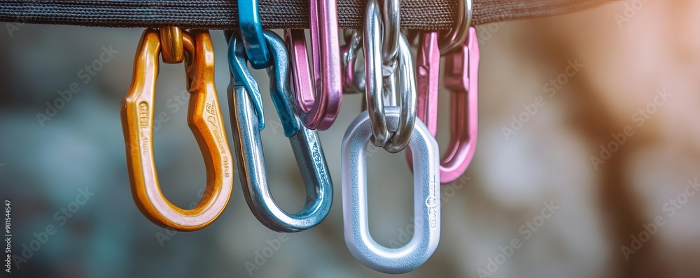 Collection of different types of carabiners hanging from a belt loop ...