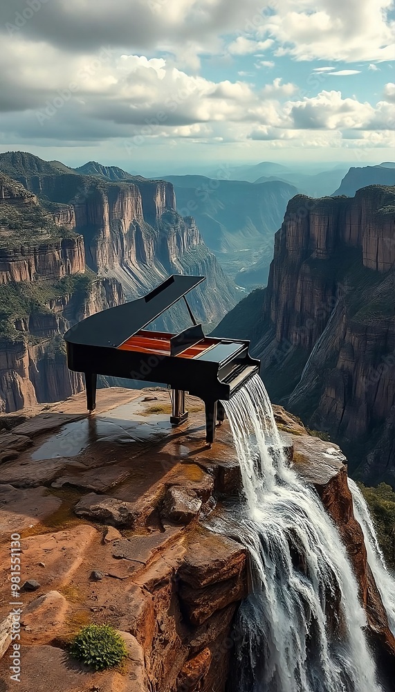 A grand piano perched atop a mountain, its legs transforming into ...